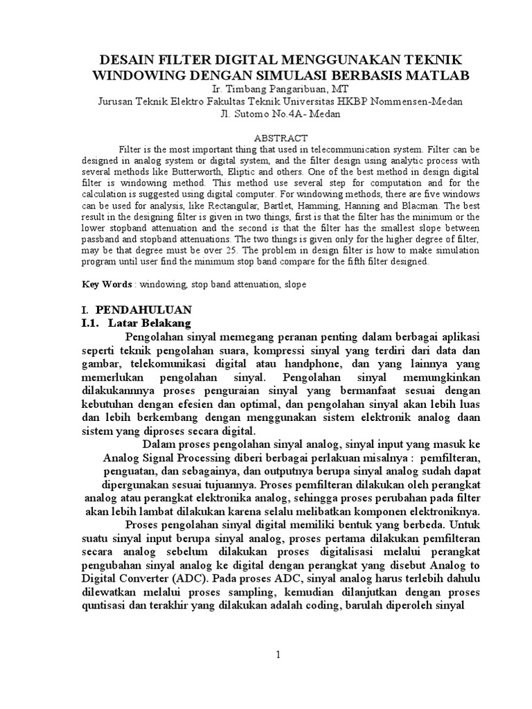 Desain Filter Digital Menggunakan Teknik Windowing Dengan Simulasi Berbasis Matlab | PDF