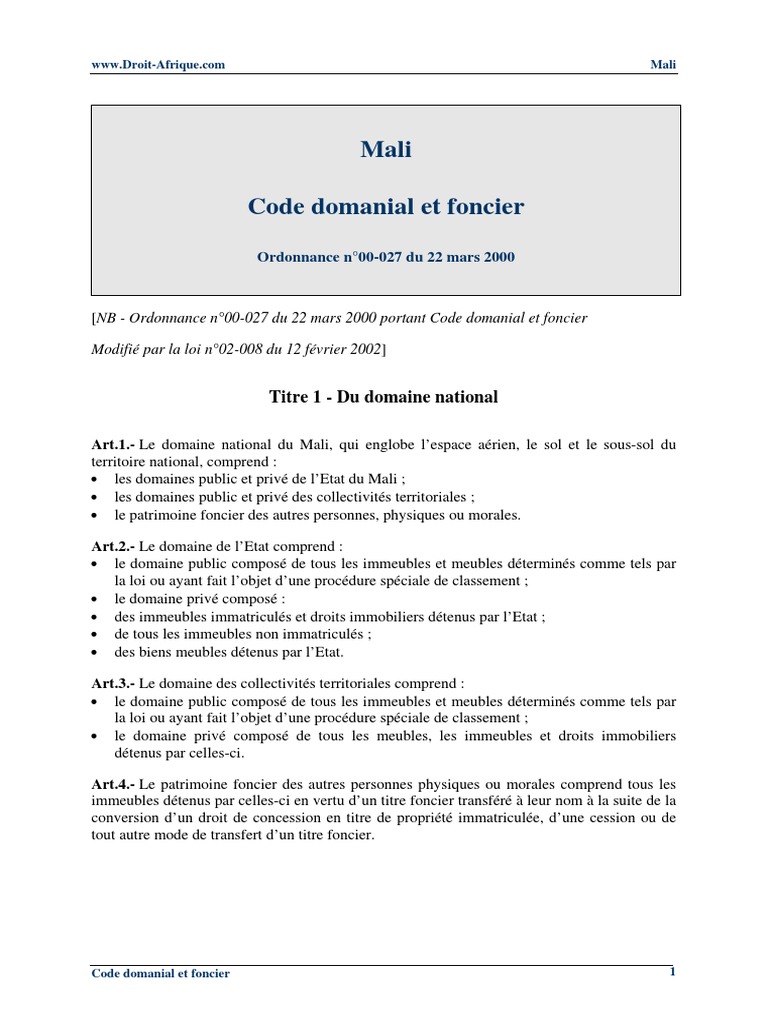 Mali Code 2000 Domanial Et Foncier MAJ 2002 | PDF | Hypothèque | Justice