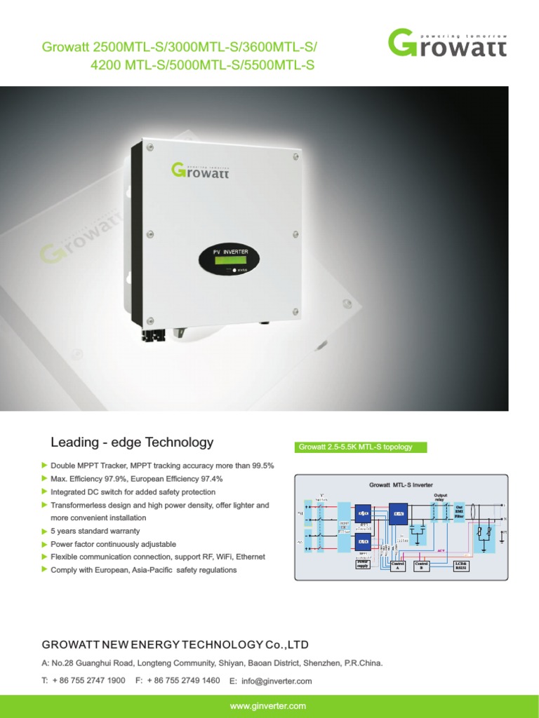 Datasheet Growatt 2500 3000 3600 4200 5000 5500MTL-S | PDF | Mains ...