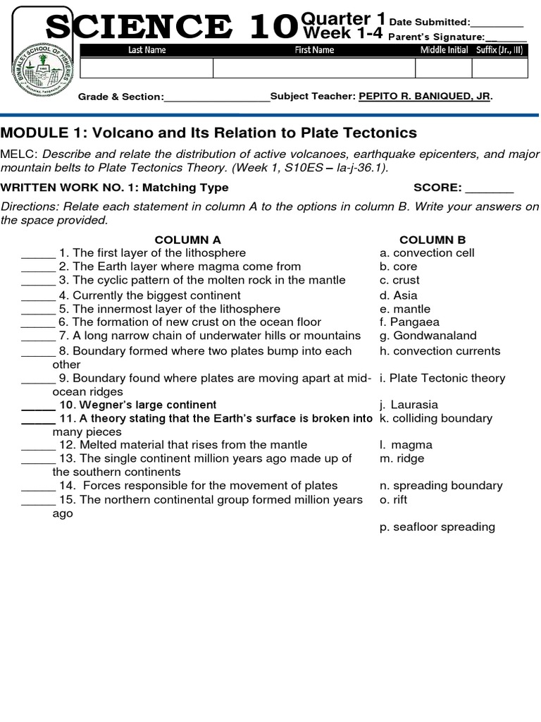 Learning Task Science 10 q1 Week 1 4 | PDF | Plate Tectonics | Earthquakes