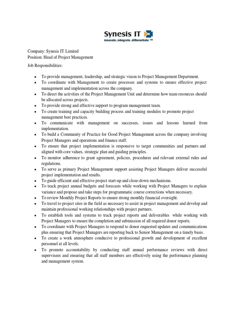 JD - Head of Project Management | PDF | Project Management | Strategic ...