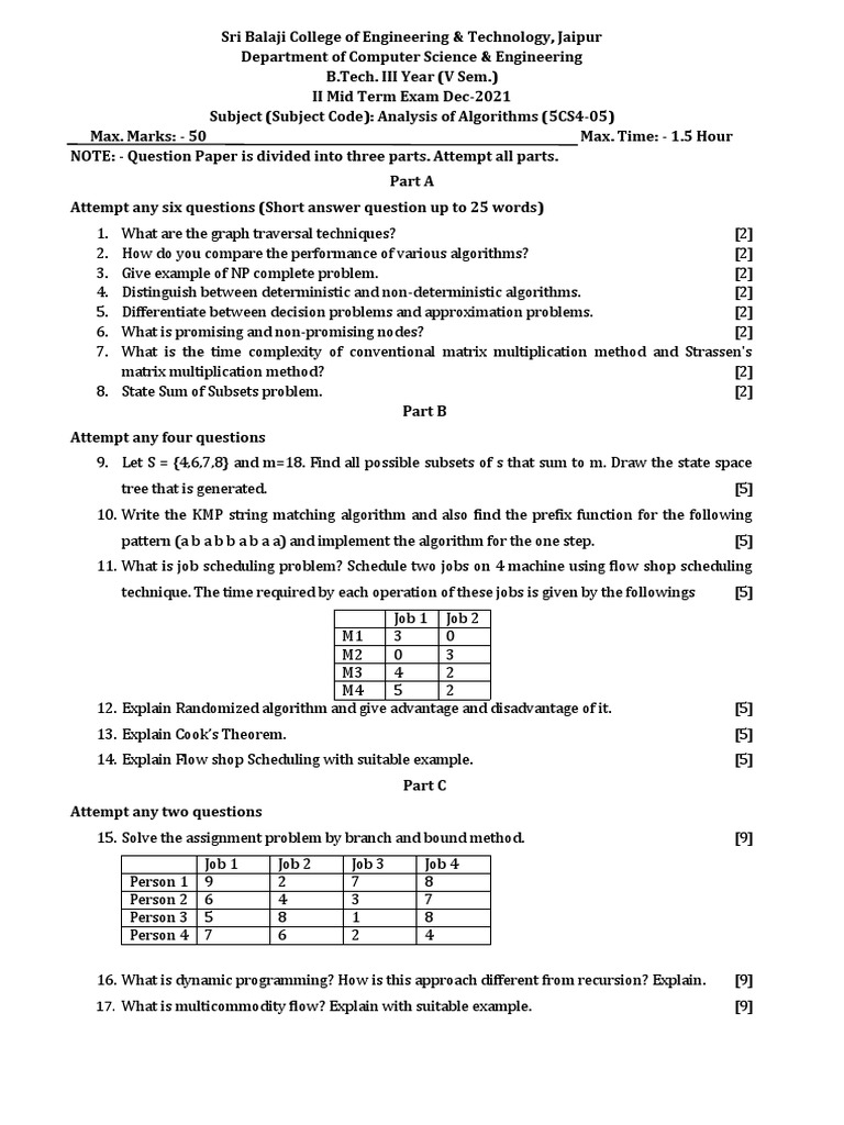 5CS4-05 Analysis of Algorithms Set 2 | PDF | Teaching Mathematics | Computer Programming