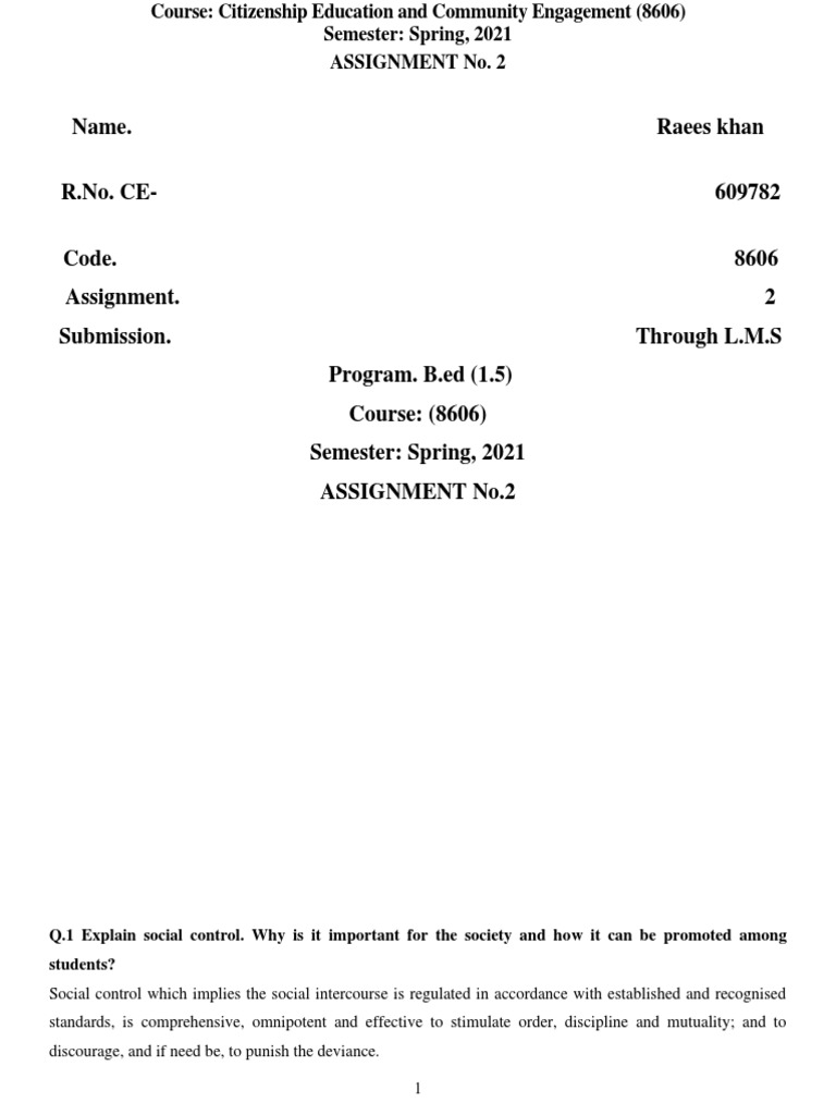 Q.1 Explain Social Control. Why Is It Important For The Society and How ...
