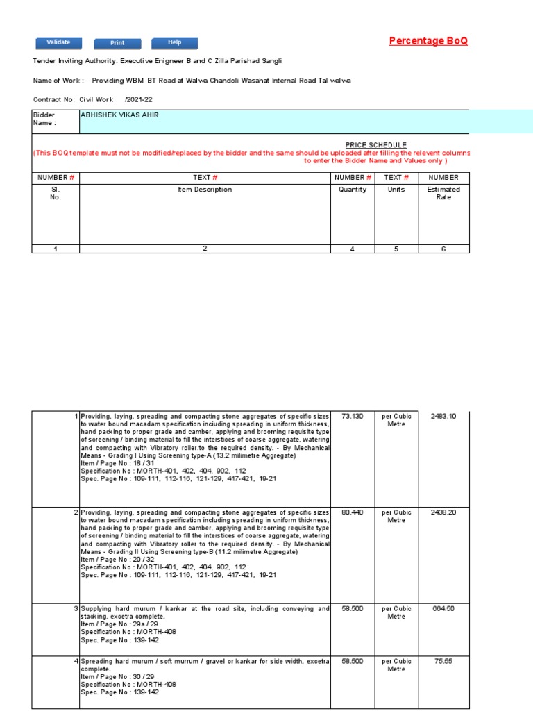 Percentage Boq: Validate Print Help | Descargar gratis PDF | Asphalt | Road Surface