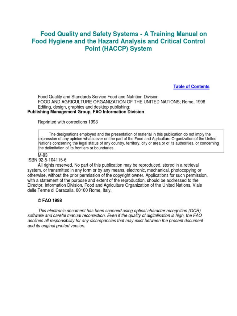 Food Quality and Safety Systems - A Training Manual On Food Hygiene and ...