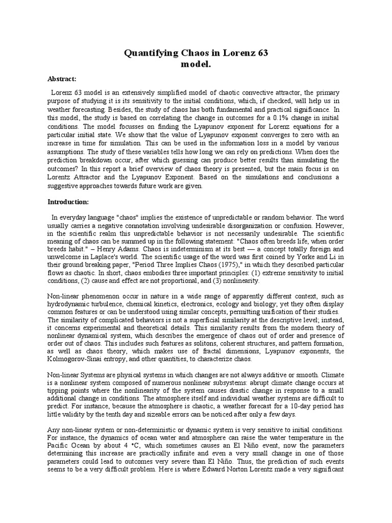 Quantifying Chaos in Lorenz 63 Model.: Abstract | PDF | Chaos Theory | Weather Forecasting