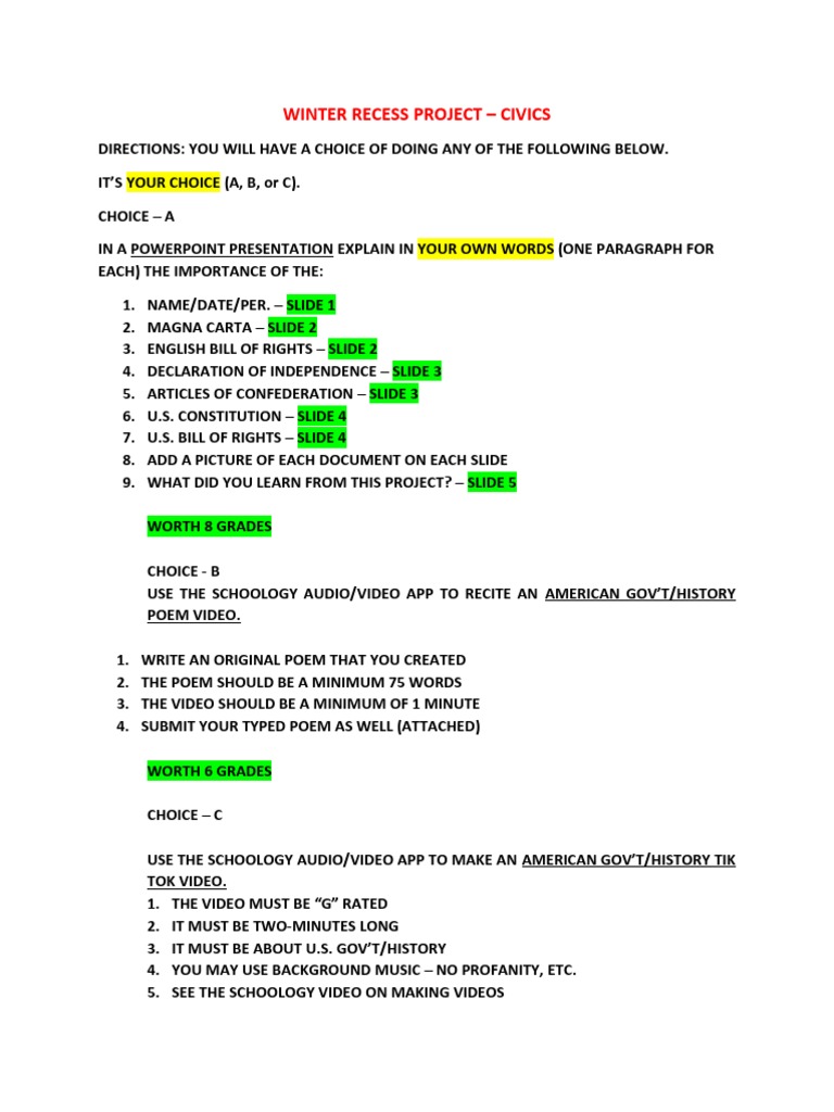 Civics Project Choices for Students | PDF