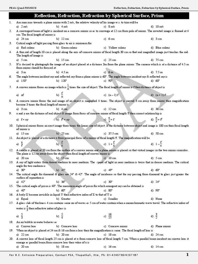 Reflection, Refraction, Refraction by Spherical Surface, Prism | PDF ...