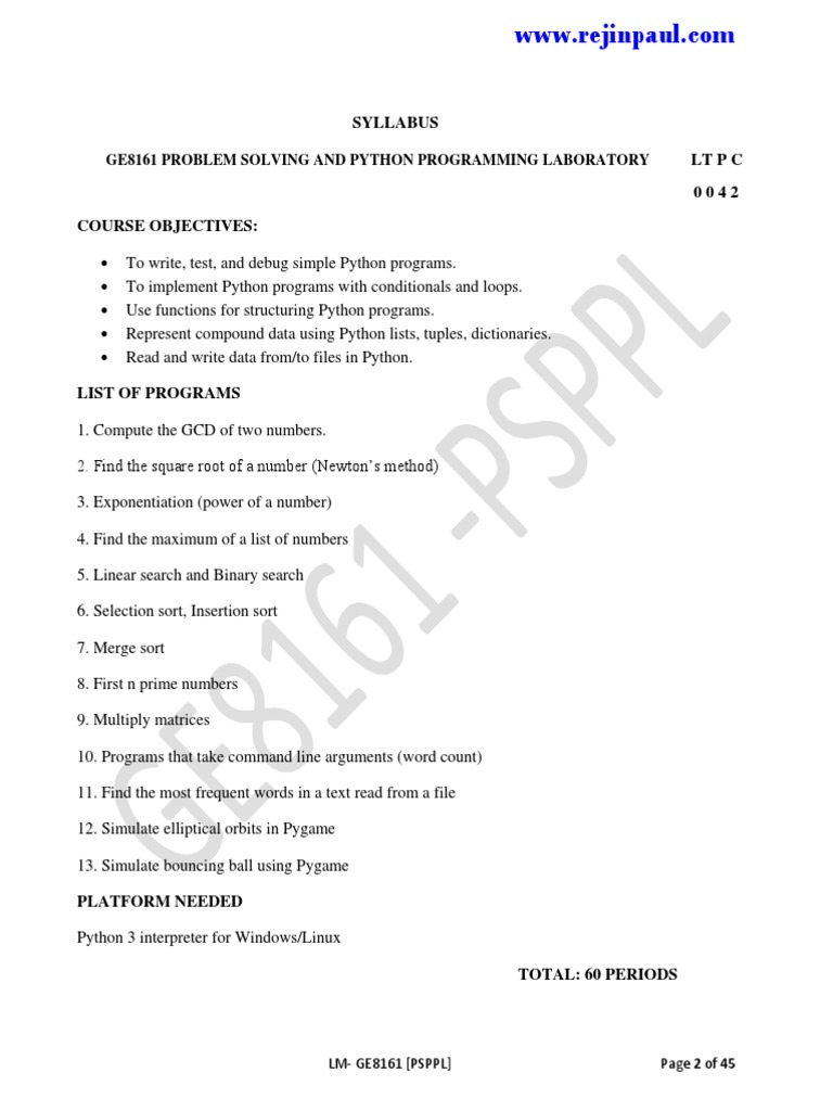 Ge8161 Problem Solving And Python Programming Lab Manual Pdf