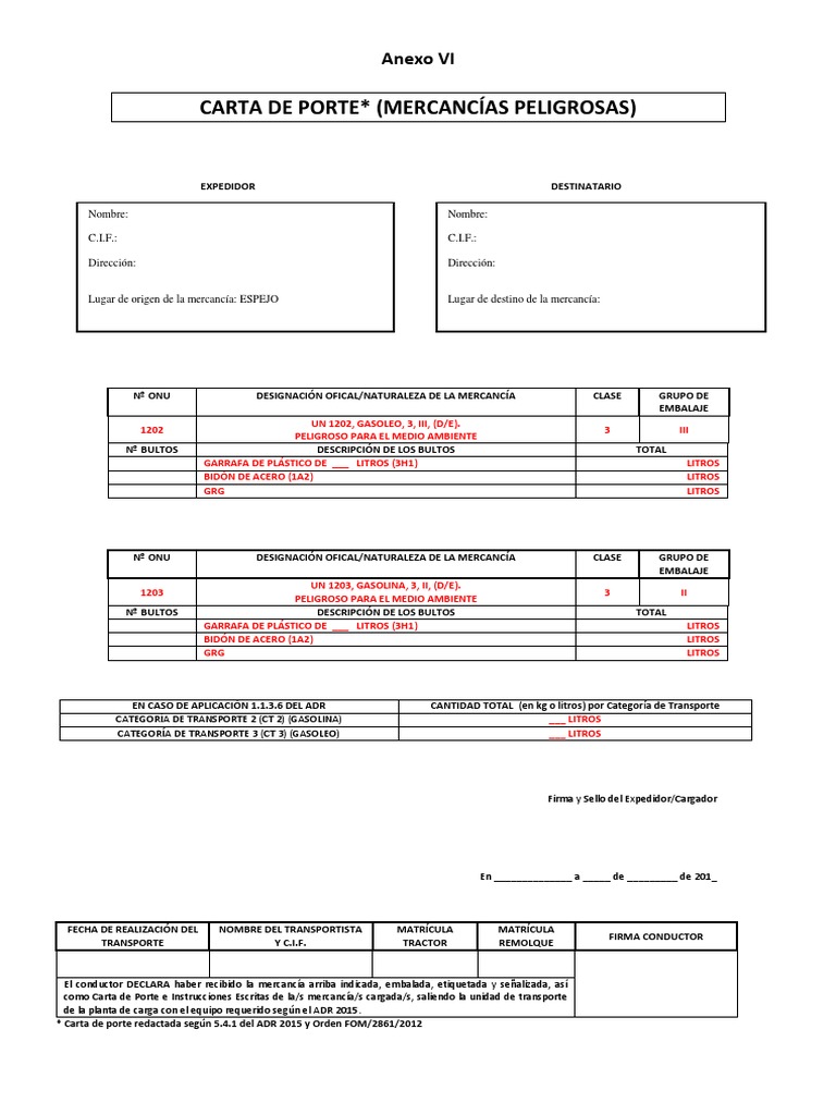 Modelo de Carta de Porte | PDF
