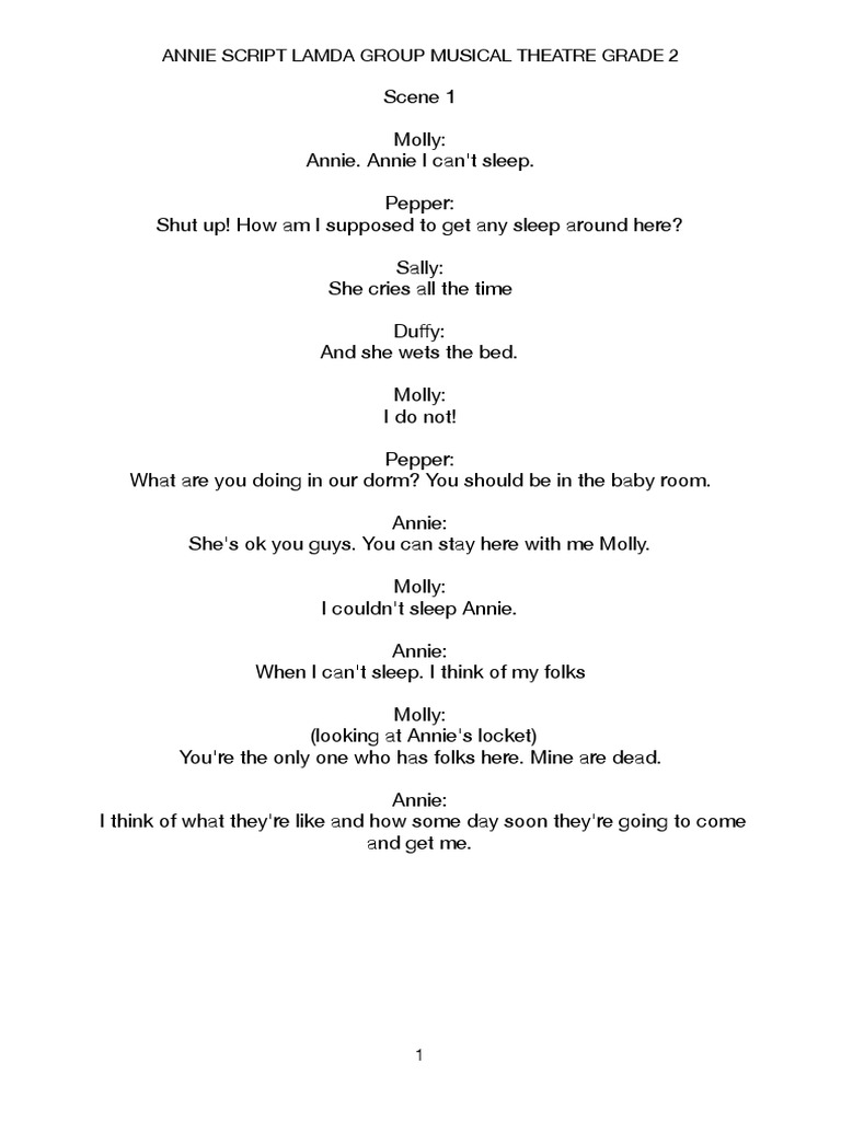 Annie Script Lamda Group Musical Theatre Grade 2 | PDF | Annie (Musical)