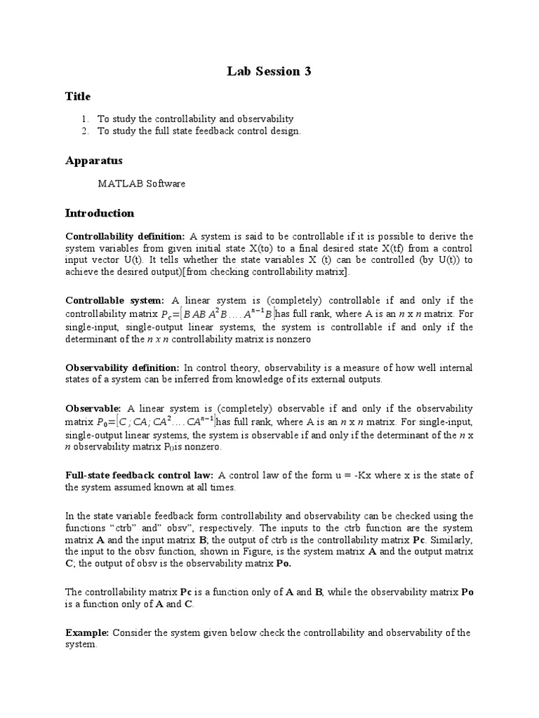 Lab 3 State Feedback Control Design Pdf Control Theory Theoretical Physics