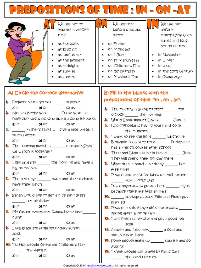 Prepositions of Time in On at Esl Grammar Exercises Worksheet | PDF