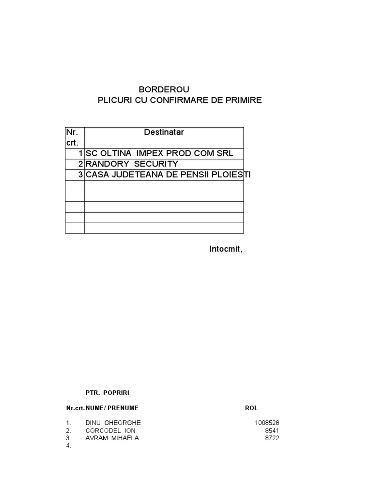 Borderou Plicuri Cu Confirmare de Primire: Ptr. Popriri NR - Crt. NUME ...