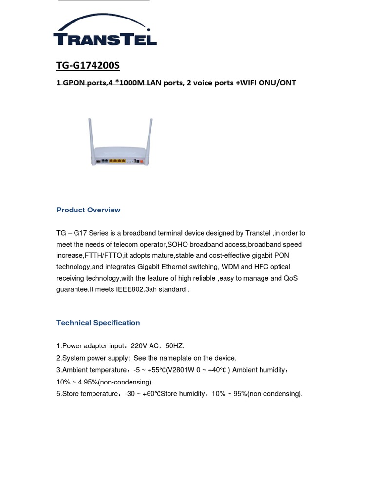 Transtel TG-G174200s 4GE+2POTS+WIFI GPON ONU New | PDF | Network ...