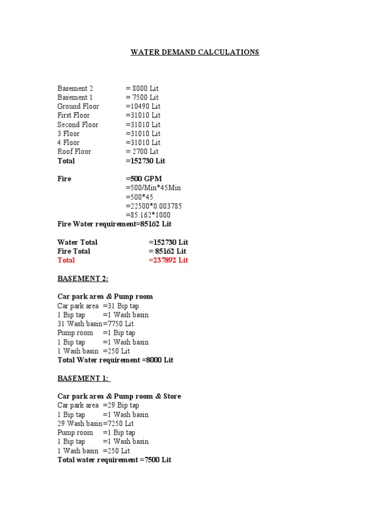 Water Demand Calculation PDF Shower Basement