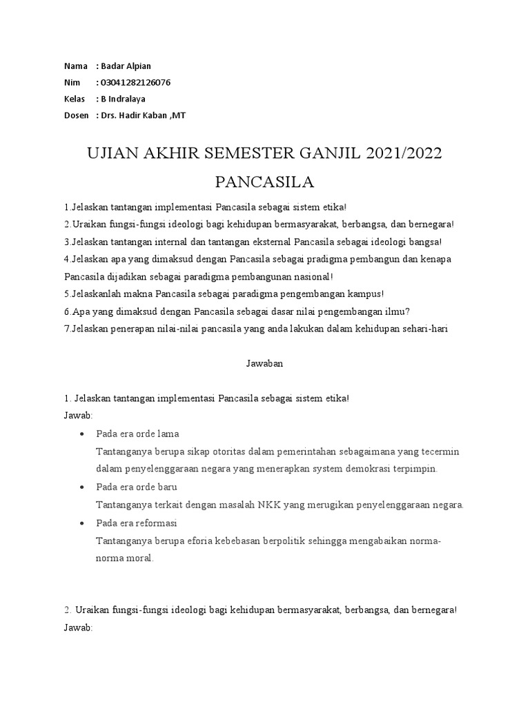 Ilham Akbar - 03041282126063 - A Indralaya Elektro - UAS Pancasila | PDF