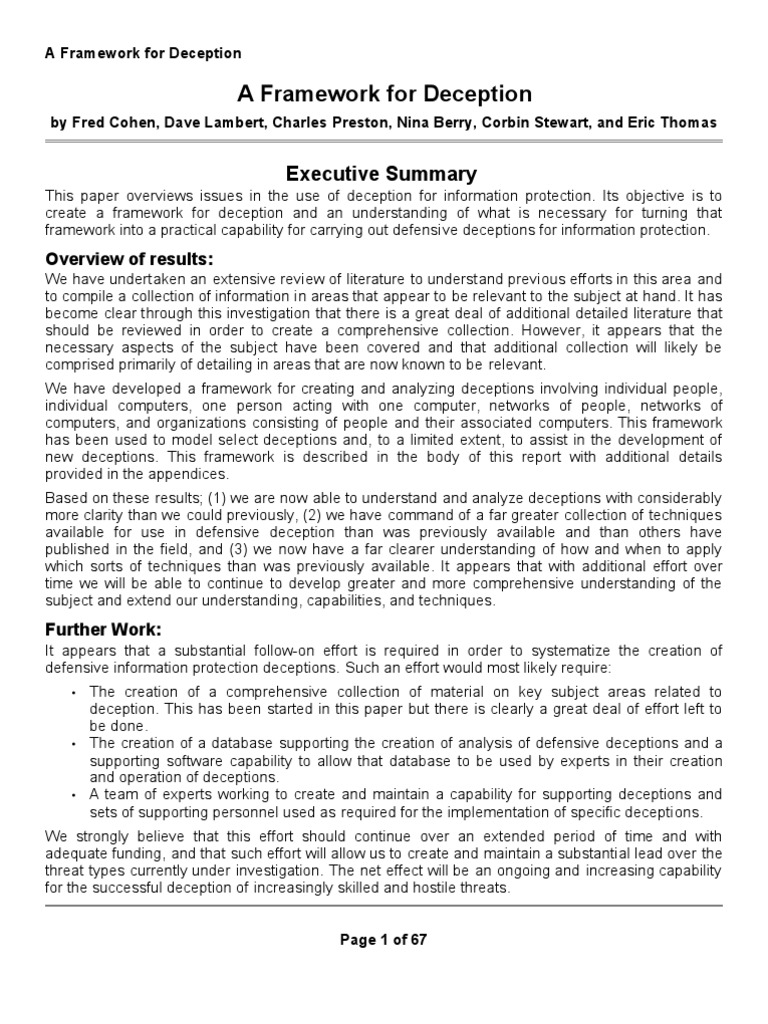 A Framework For Deception: Executive Summary | PDF | Deception | Perception