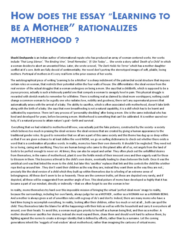 Rethinking Motherhood in Deshpande's Essay | PDF | Mother