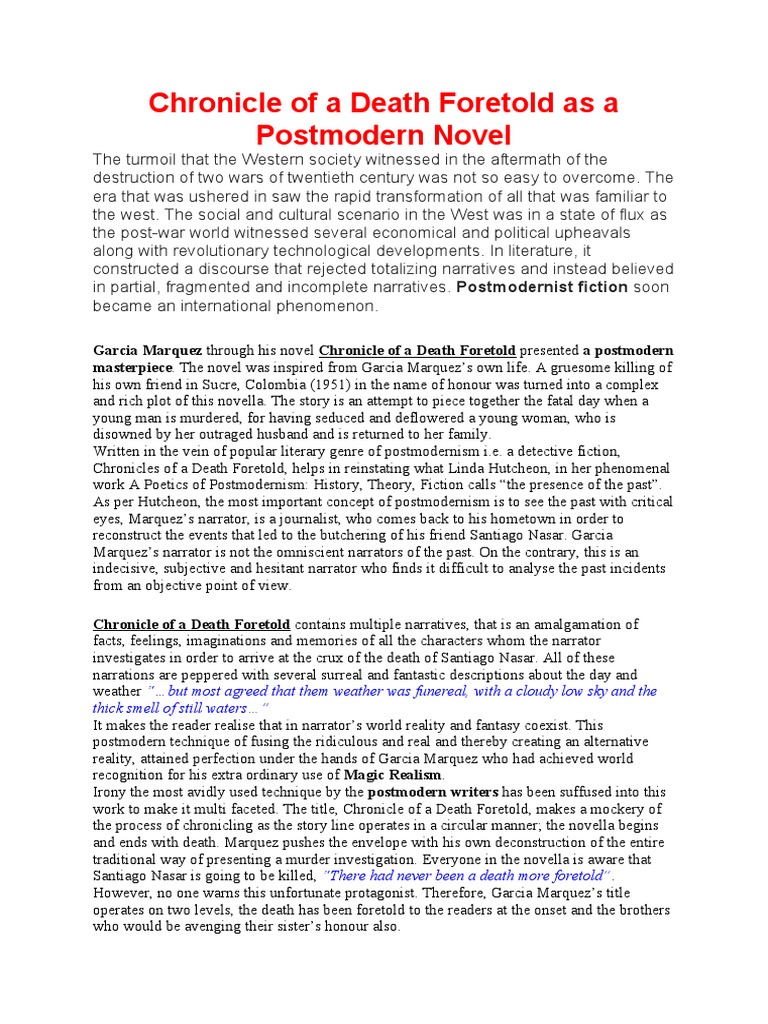 Chronicle of A Death Foretold | PDF | Gabriel García Márquez | Narration