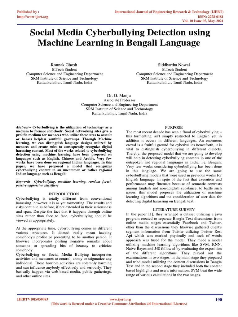 Social Media Cyberbullying Detection Using Machine Learning in Bengali ...