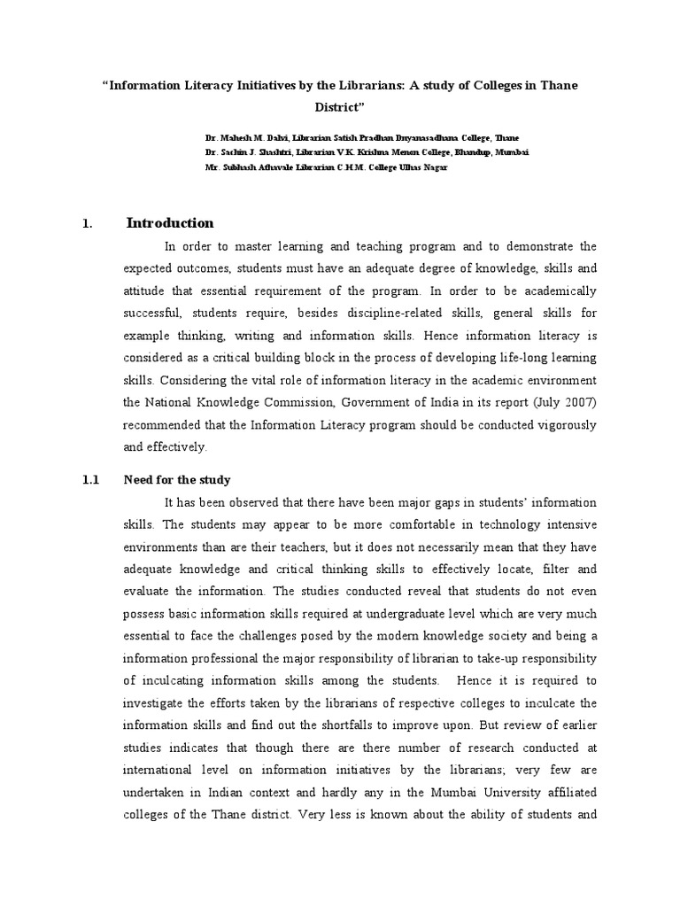 Information Literacy Initiatives by The Librarians: A Study of Colleges ...