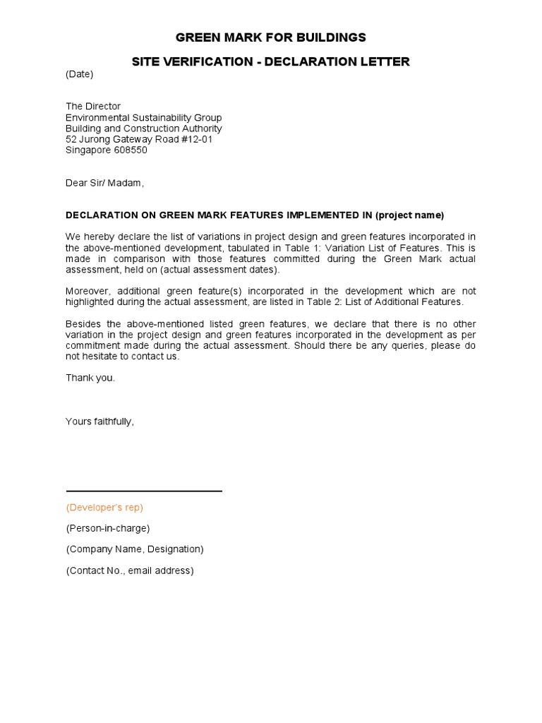 Green Mark For Buildings Site Verification - Declaration Letter | PDF
