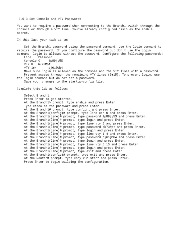 Configure Console and VTY Passwords | PDF
