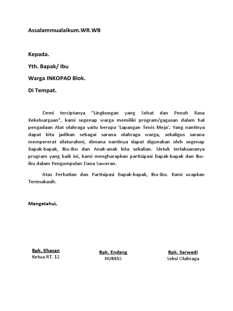 Surat PROPOSAL Lapangan Tenis Meja | PDF