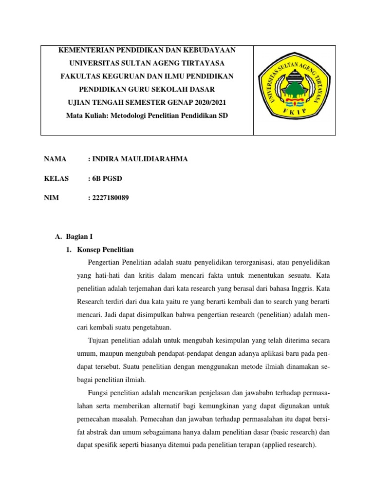UTS Metodologi Penelitian - Indira Maulidiarahma 2227180089 | PDF