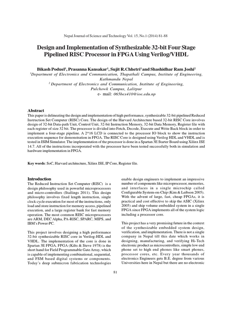 Design and Implementation of Synthesizable 32-Bit Four Stage Pipelined RISC Processor in FPGA ...