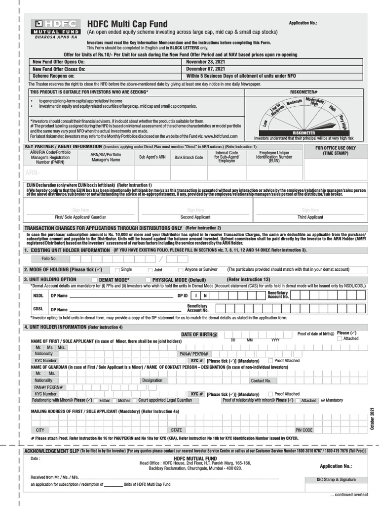 HDFC Multi Cap Fund With App Form Dated November 2 2021 | PDF | Cheque ...