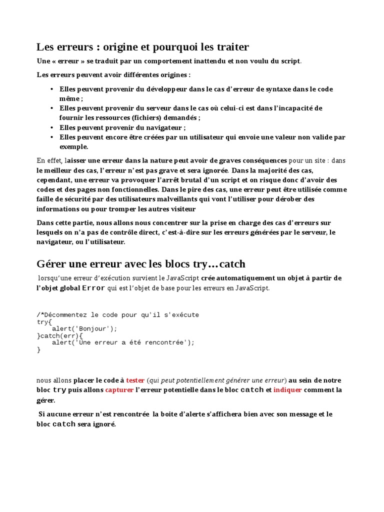Gestion D Erreurs | PDF | JavaScript | Âge de l'information