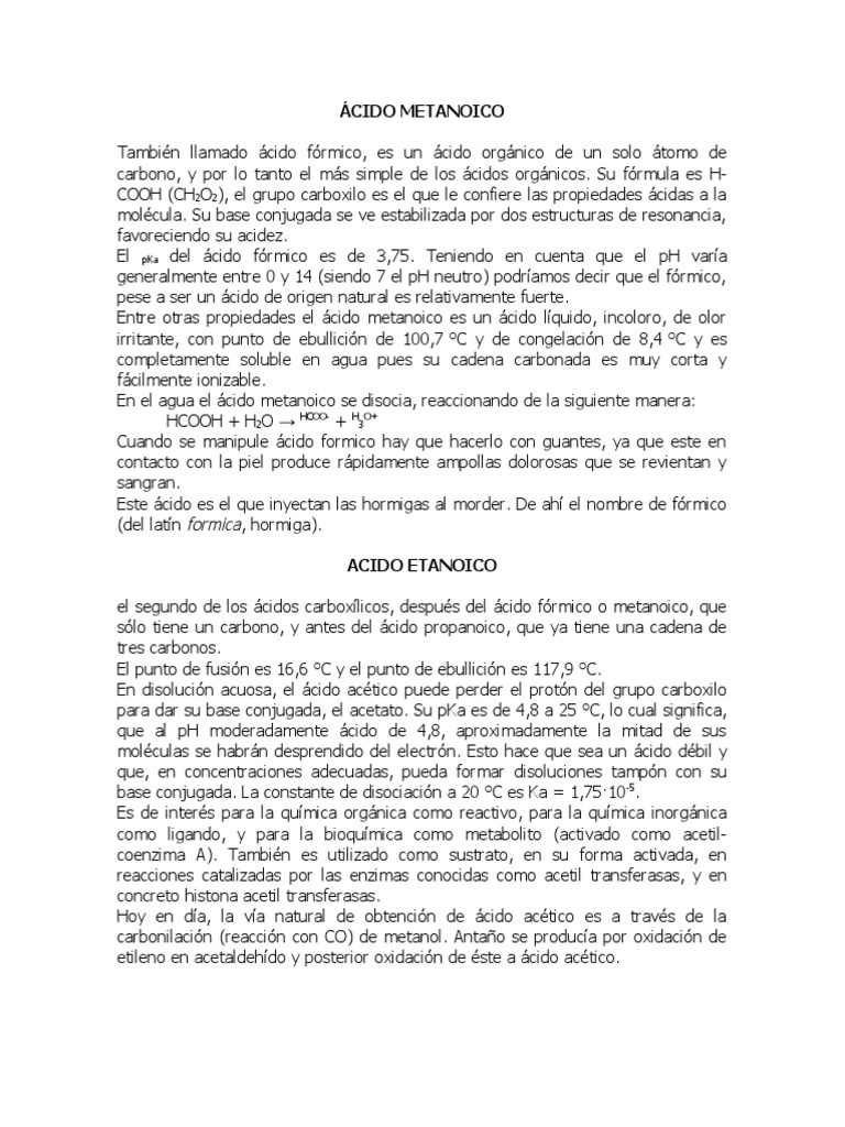 Propiedades y usos del ácido metanoico | PDF | Ácido | Ácido acético