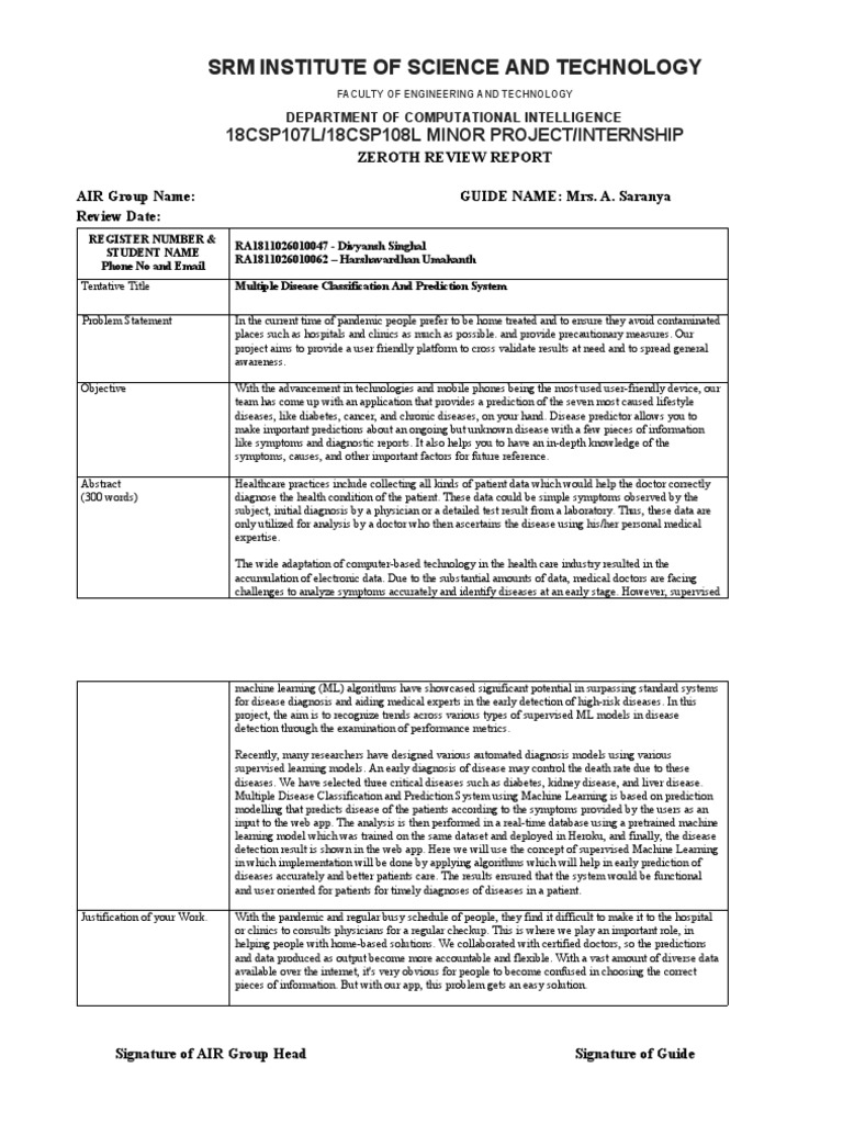 Zeroth Review Report | PDF | Medical Diagnosis | Machine Learning
