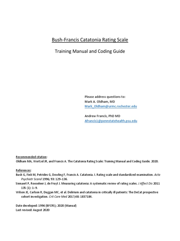 Bush Francis Catatonia Rating Scale: Training Manual and Coding Guide ...