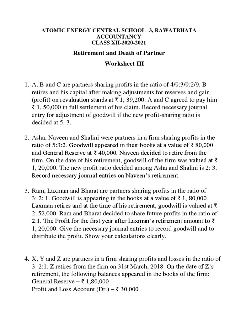 Retirement and Death of Partner Worksheet III | PDF
