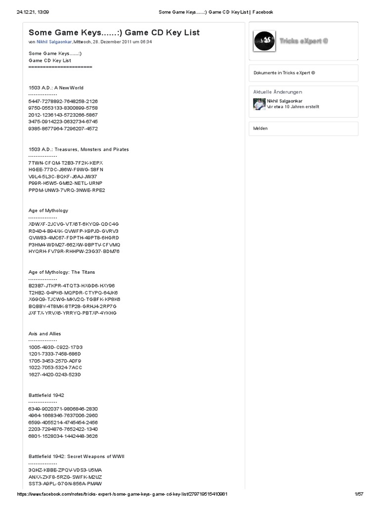 Some Game Keys...... :) Game CD Key List: Tricks Expert © | PDF