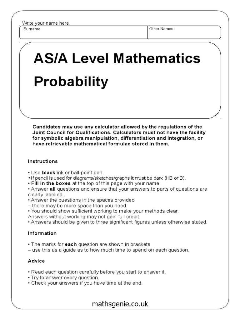 AS/A Level Mathematics Probability: Mathsgenie - Co.uk | PDF ...