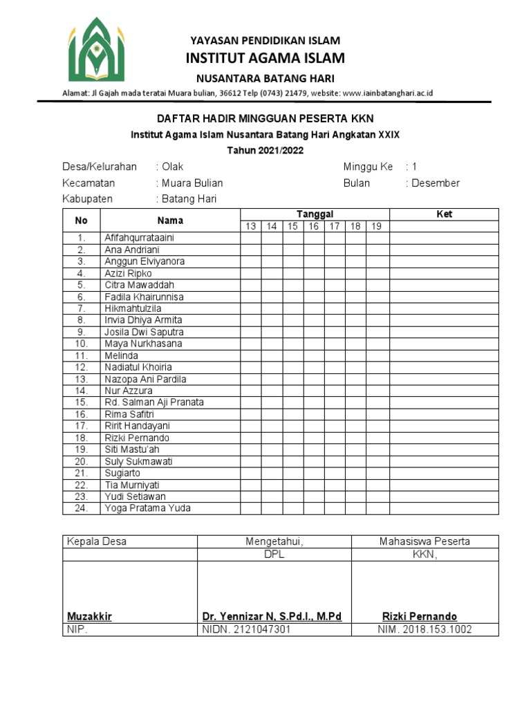 Daftar Hadir Mingguan Peserta KKN | PDF
