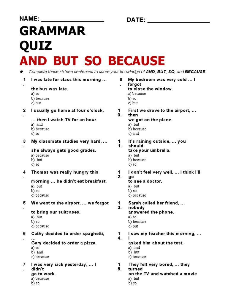 Grammar Quiz: AND, BUT, SO, BECAUSE | PDF