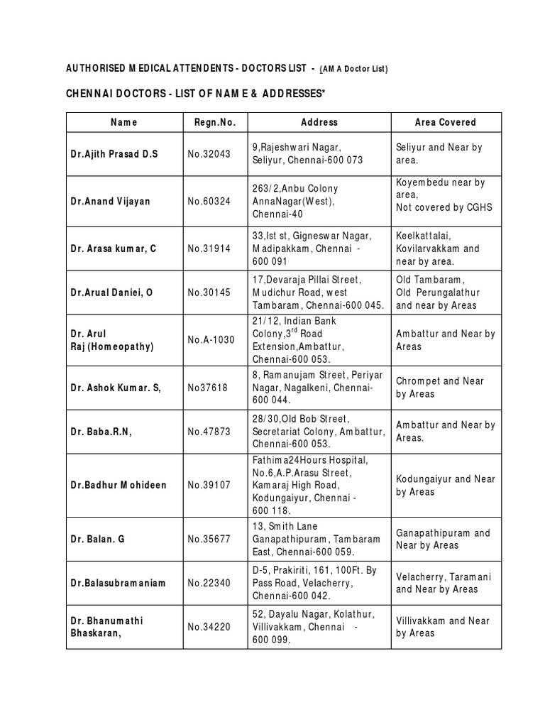 Chennai Doctors - List of Name & Addresses | PDF | Science & Mathematics