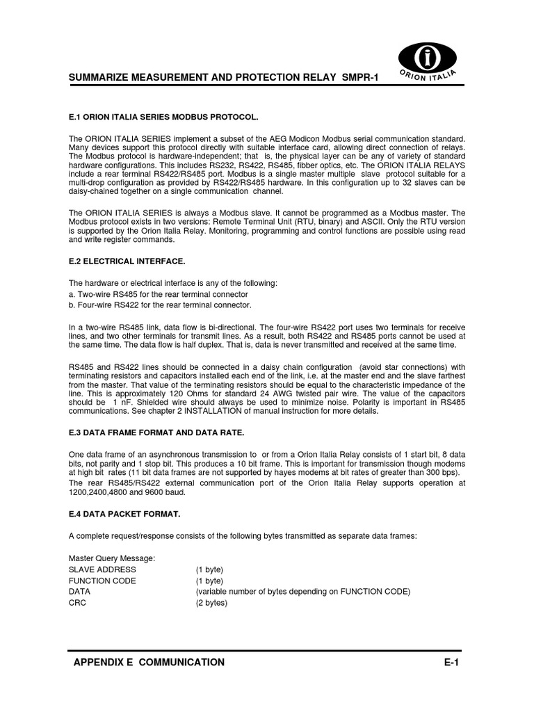 Modbus Communication Protocol for the Orion Italia Series Relay: Electrical Interfaces, Data ...