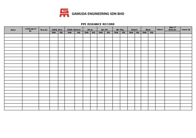 Gamuda Engineering SDN BHD: Ppe Issuance Record | PDF | Personal ...