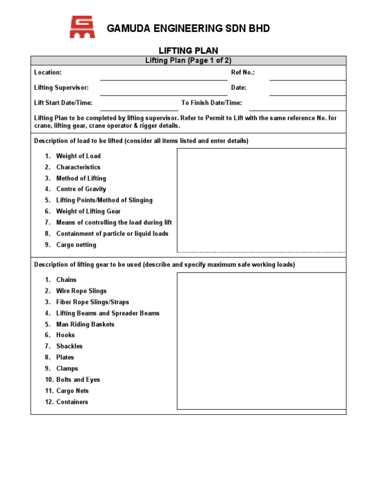 Sample of Lifting Plan Form | PDF | Crane (Machine) | Equipment