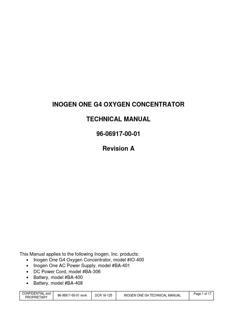Inogen One G4 Oxygen Concentrator Technical Manual 96-06917-00-01 ...