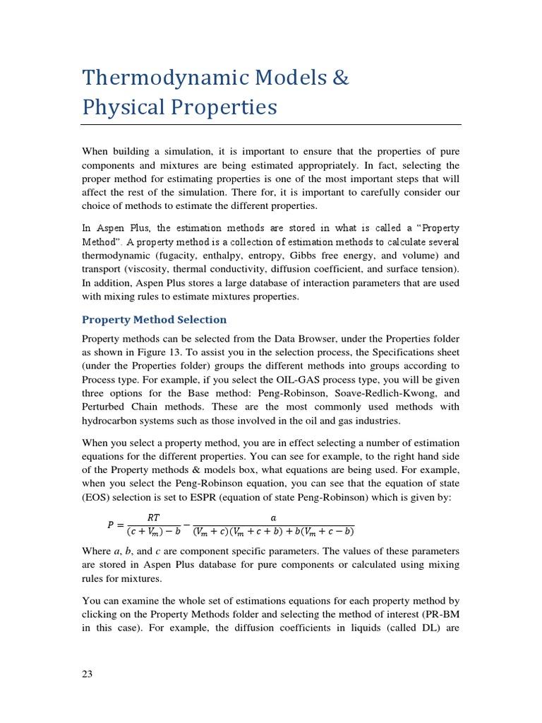 Thermodynamic Models & Physical Properties: Property Method Selection ...