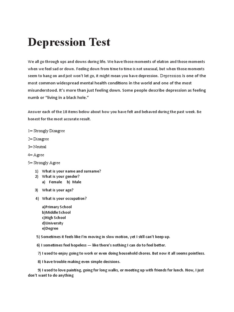 Depression Self-Assessment Quiz | PDF