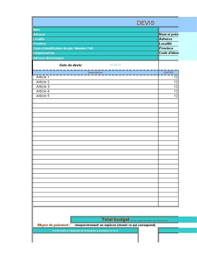 Modèle de Devis Au Format Excel | PDF | Paiements
