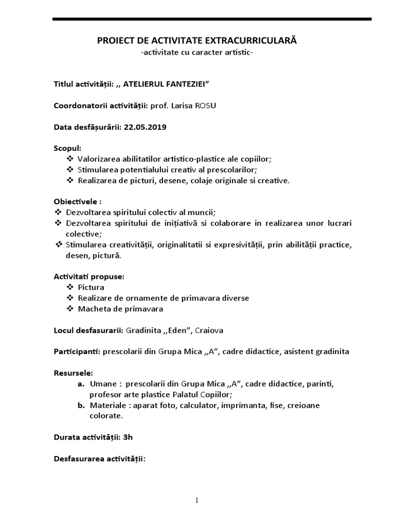 Proiect Activitate Scoala Altfel | PDF